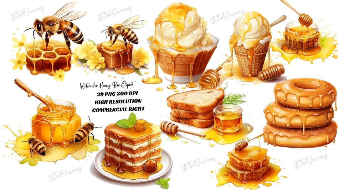 Honey Watercolor Clipart Bundle 29 PNG Golden Honey Desserts Images ...