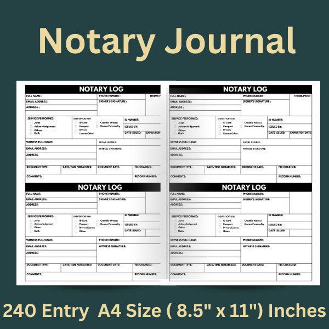 Printable Notary Journal, Notary Book, Ledger for Notary Signing Agent ...