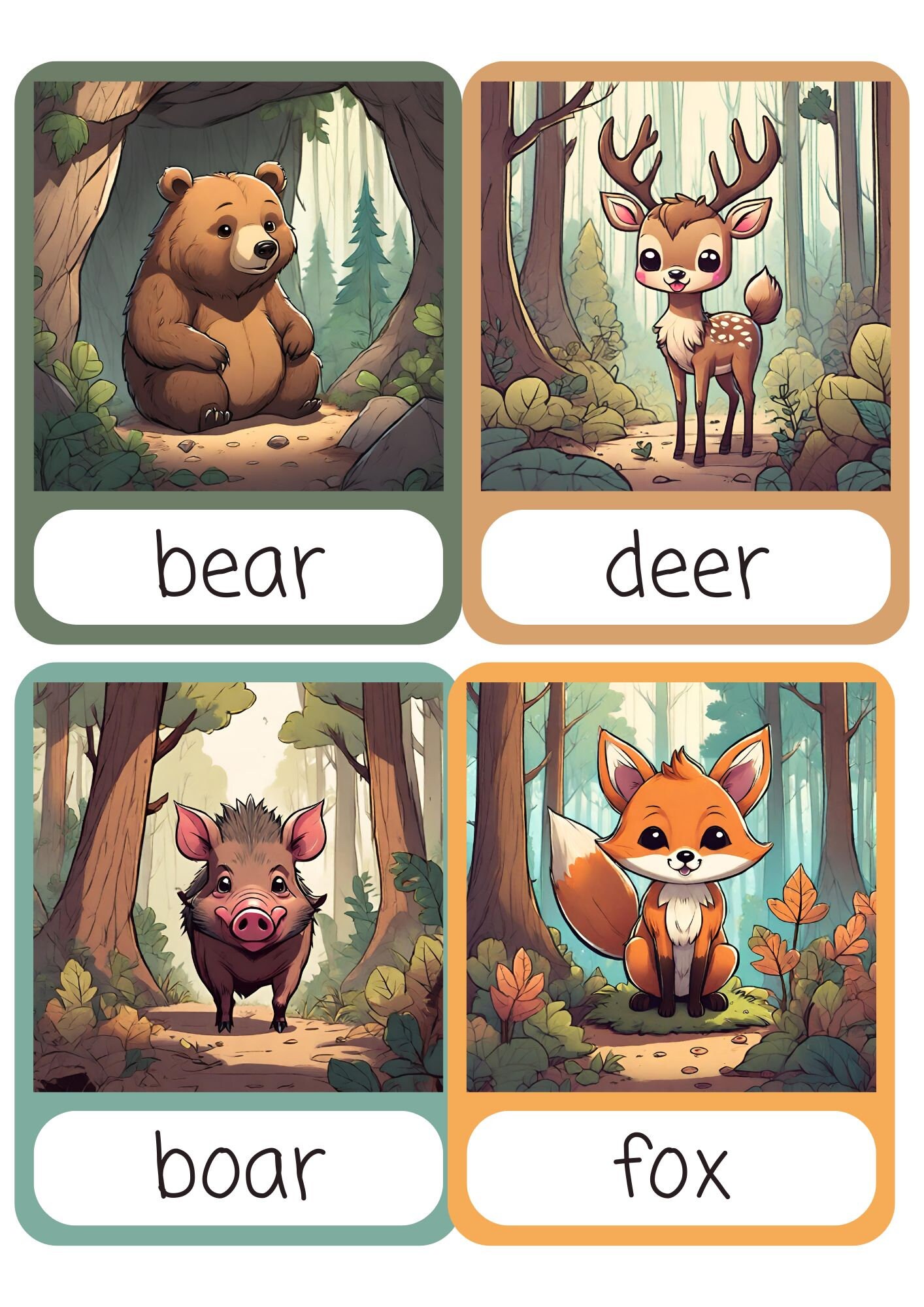 Forest Animals Flashcards | Educational Flashcards for Kids | Cute ...