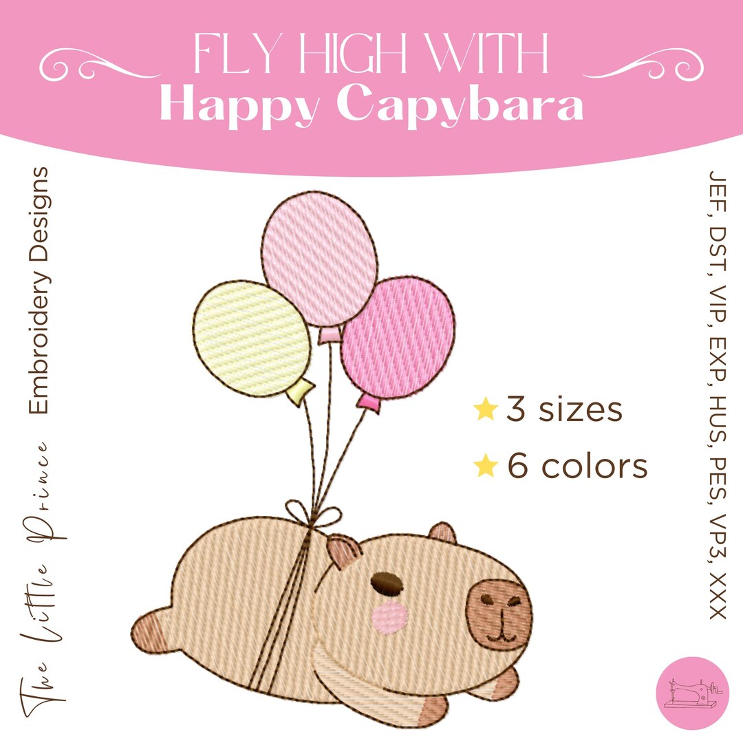 Happy Capybara With Balloons Embroidery Design - Instant Download ...