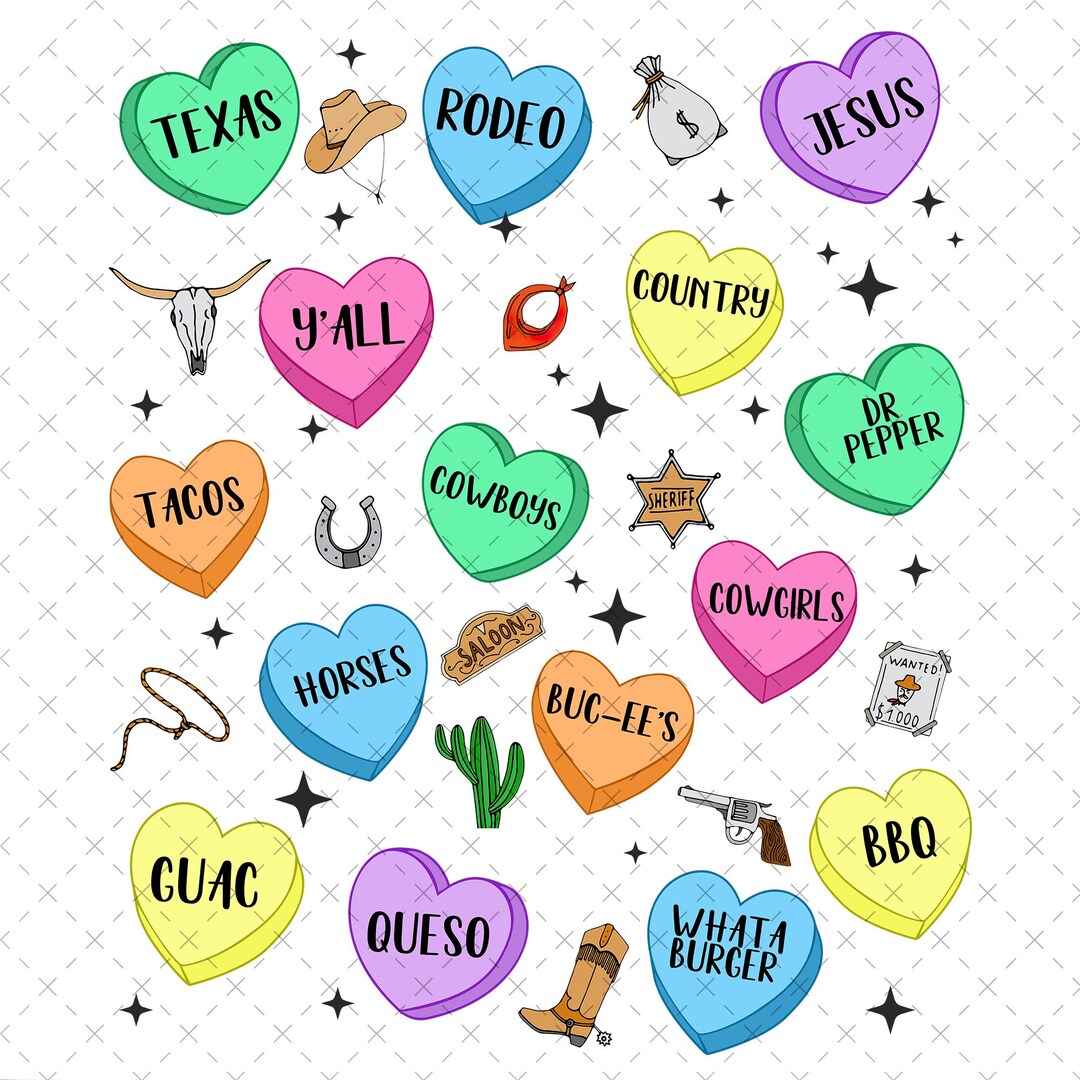 Texas Conversation Hearts PNG, Hearts in Shape of Texas With Fun Texas ...