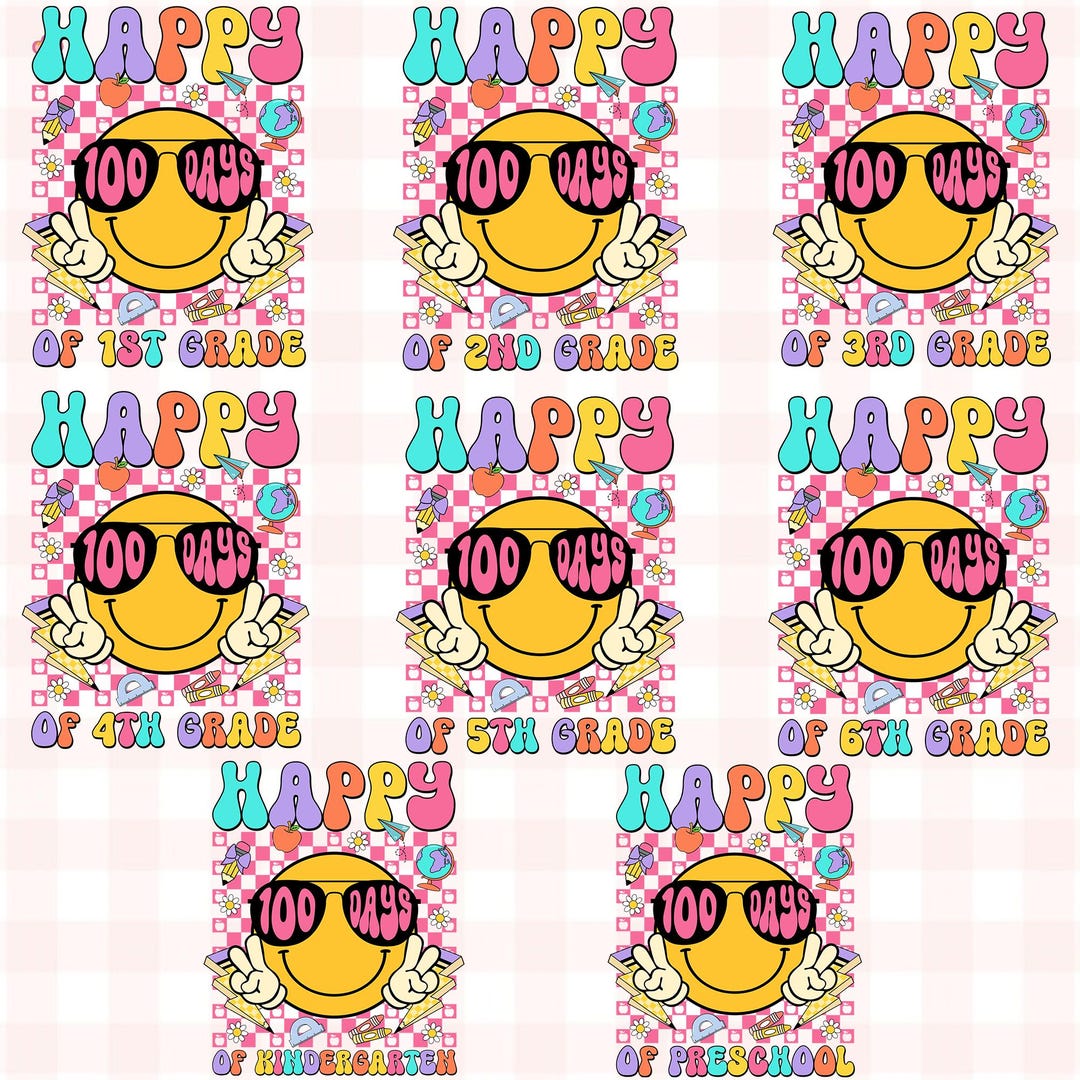 Retro Smiley Face Happy 100 Days Png, 100 Days of School Png, Teacher ...