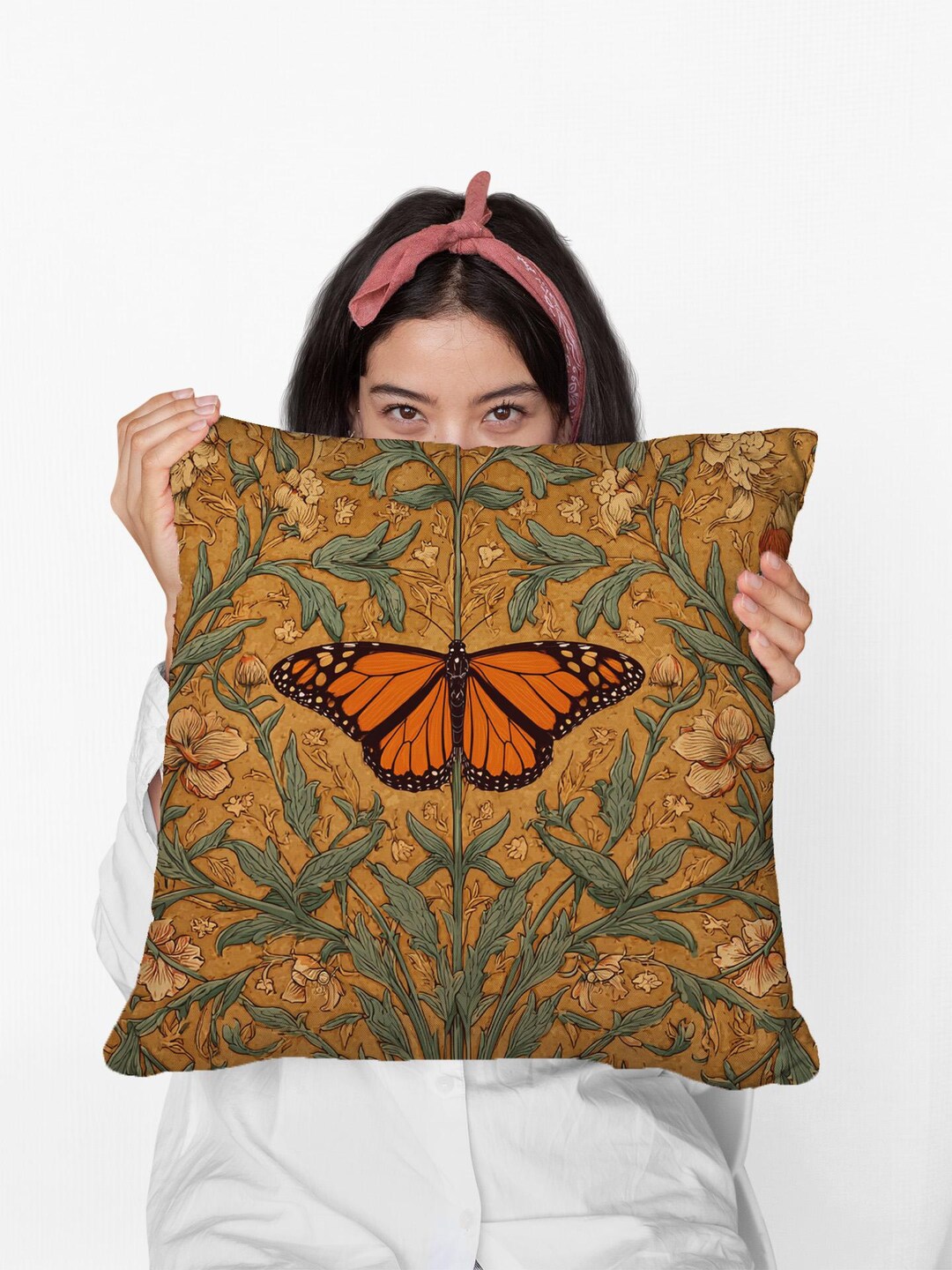 William Morris Inspired Monarch Butterfly Pillow, Vintage Botanical ...
