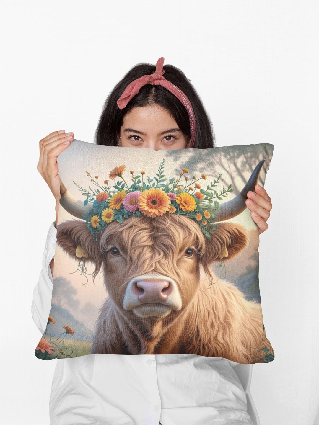 Highland Cow Throw Pillow | Rustic Farmhouse Animal Cushion for Sofa or ...