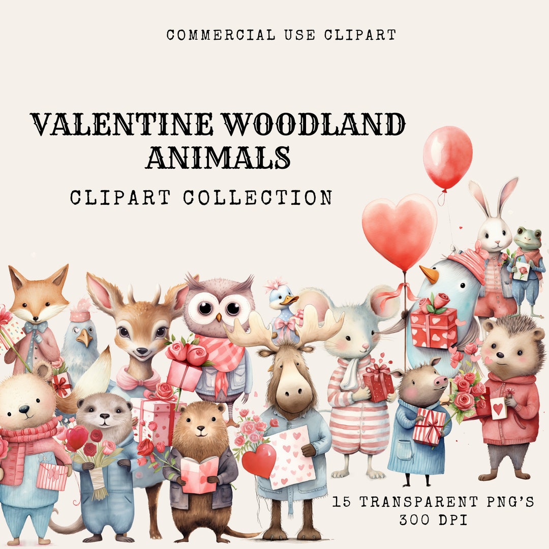 Valentine Woodland Animal Clipart, Illustration, Clipart for Commercial ...