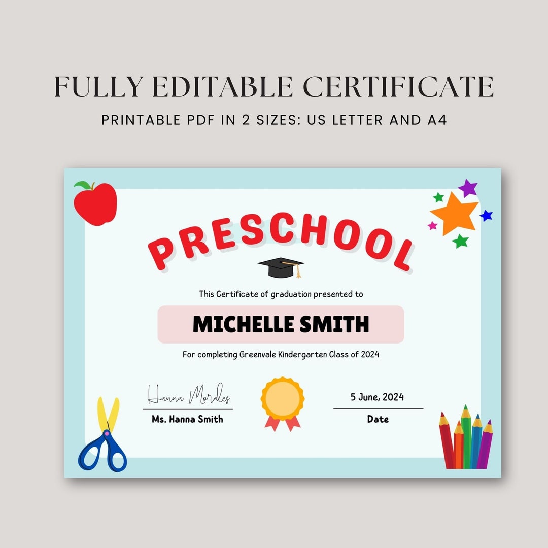 Diploma de Preescolar Editable / Diploma de Kindergarten editable ...