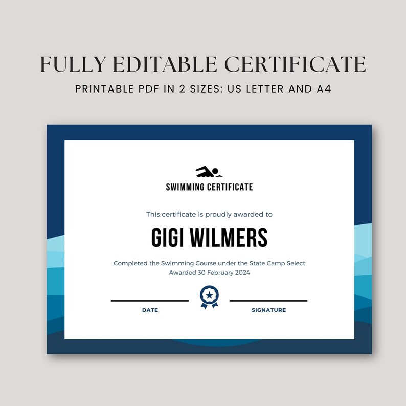 Editable Swimming Award Certificates Swimming Team Editable Swimmer ...