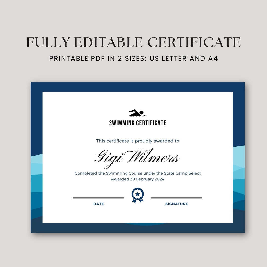Editable Swimming Award Certificates Swimming Team Editable Swimmer ...
