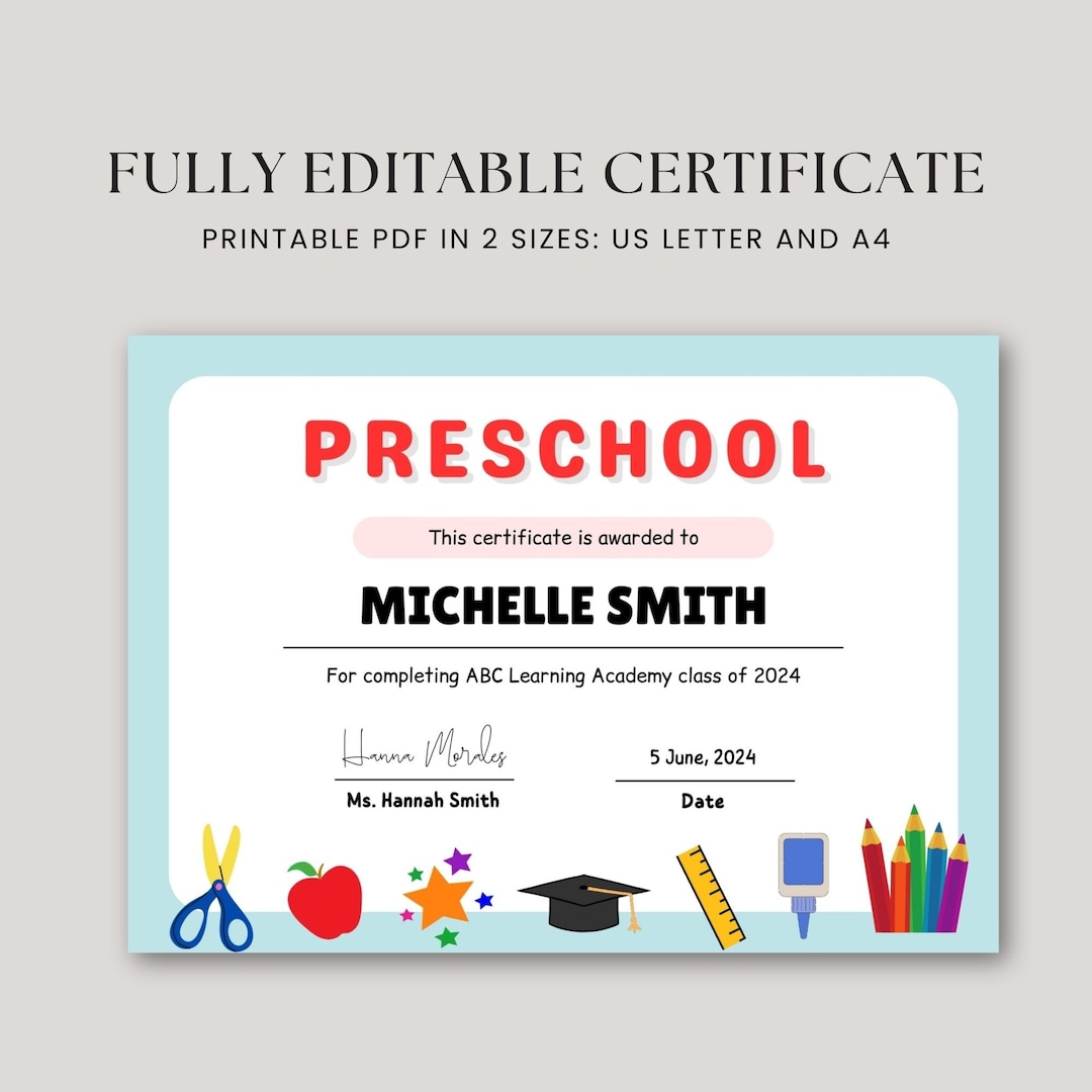 Diploma de Preescolar Editable / Diploma de Kindergarten editable ...