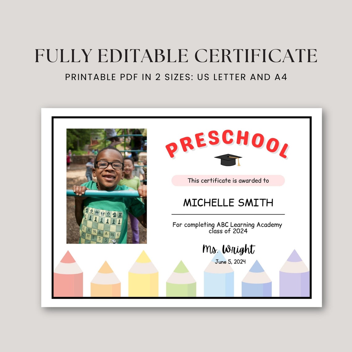 Editable Preschool Diploma With Photo Editable Kindergarten Diploma ...
