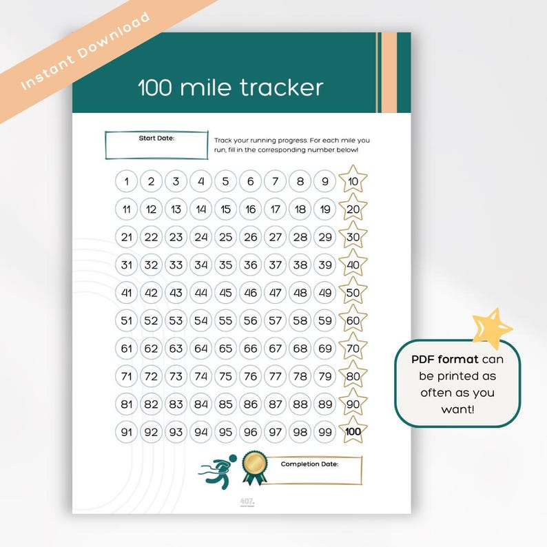 100 Mile/kilometer Distance Tracker | Printable Walking, Jogging, and ...