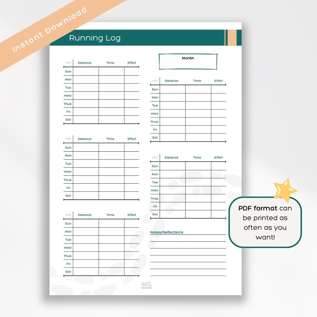 Printable Monthly Running Log: Cardio Tracker, Distance & Time (A4/US ...