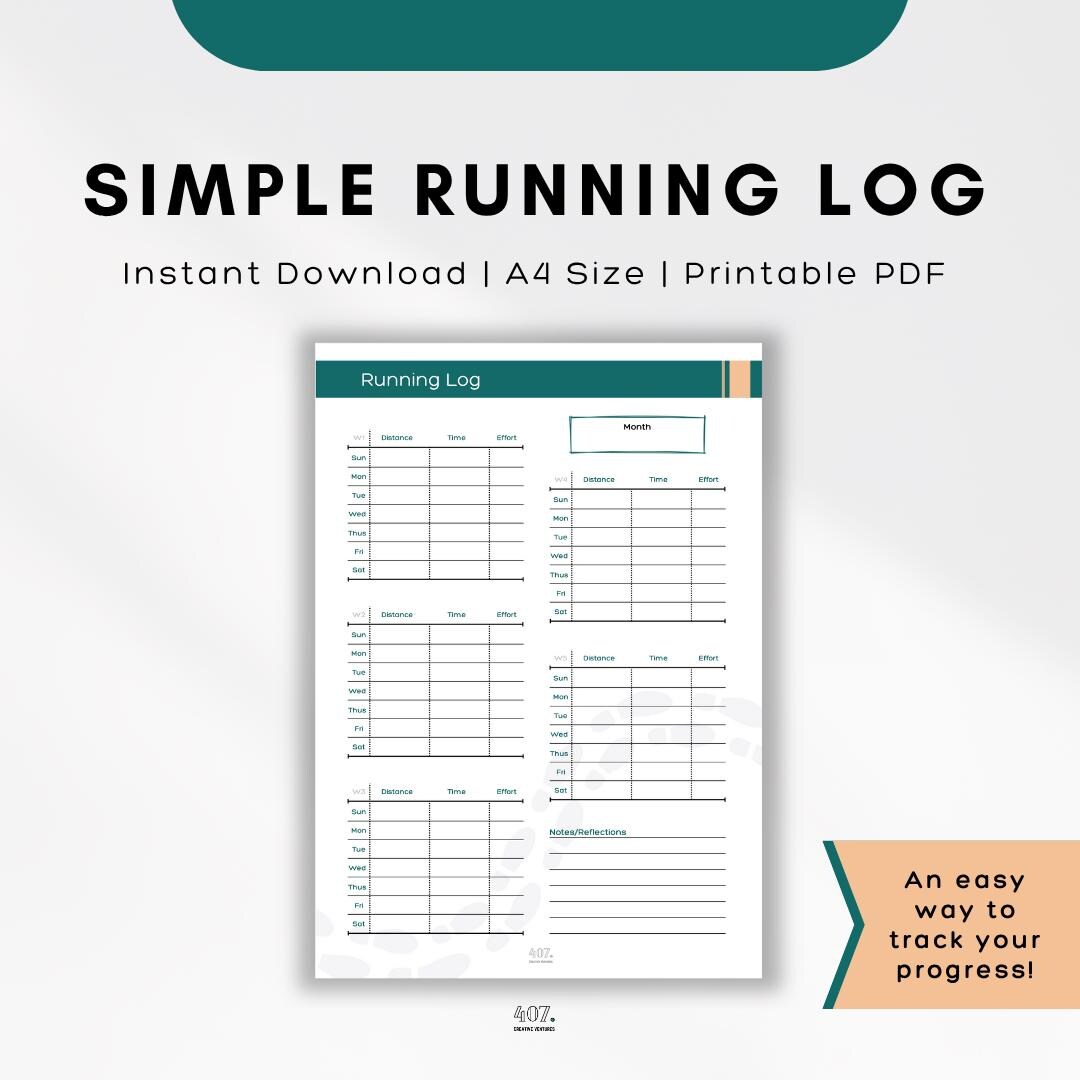 Printable Monthly Running Log: Cardio Tracker, Distance & Time (A4/US ...