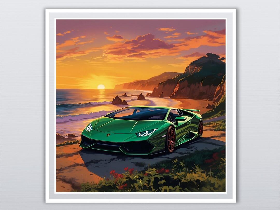 Lamborghini Print, Lambo Wall Art, Sunset Poster, Green Art, Square Box ...