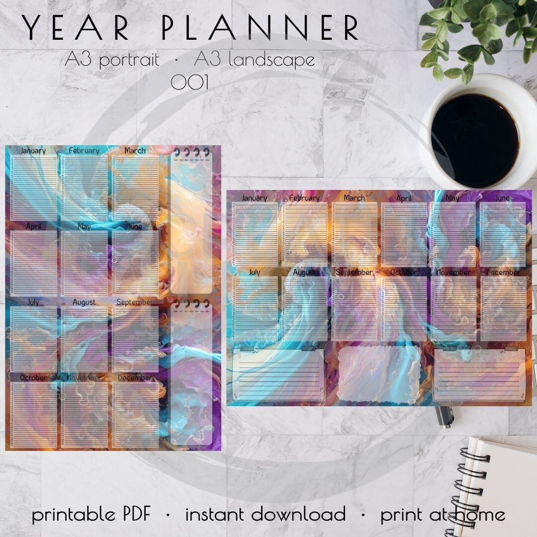 A3 YEAR PLANNER Instant Download PDF Print Your Calendar Reusable ...