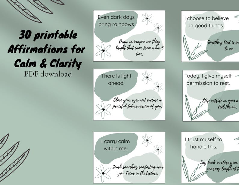 30 Printable Affirmation Cards, Anxiety Relief Calm Mind, Self-care ...