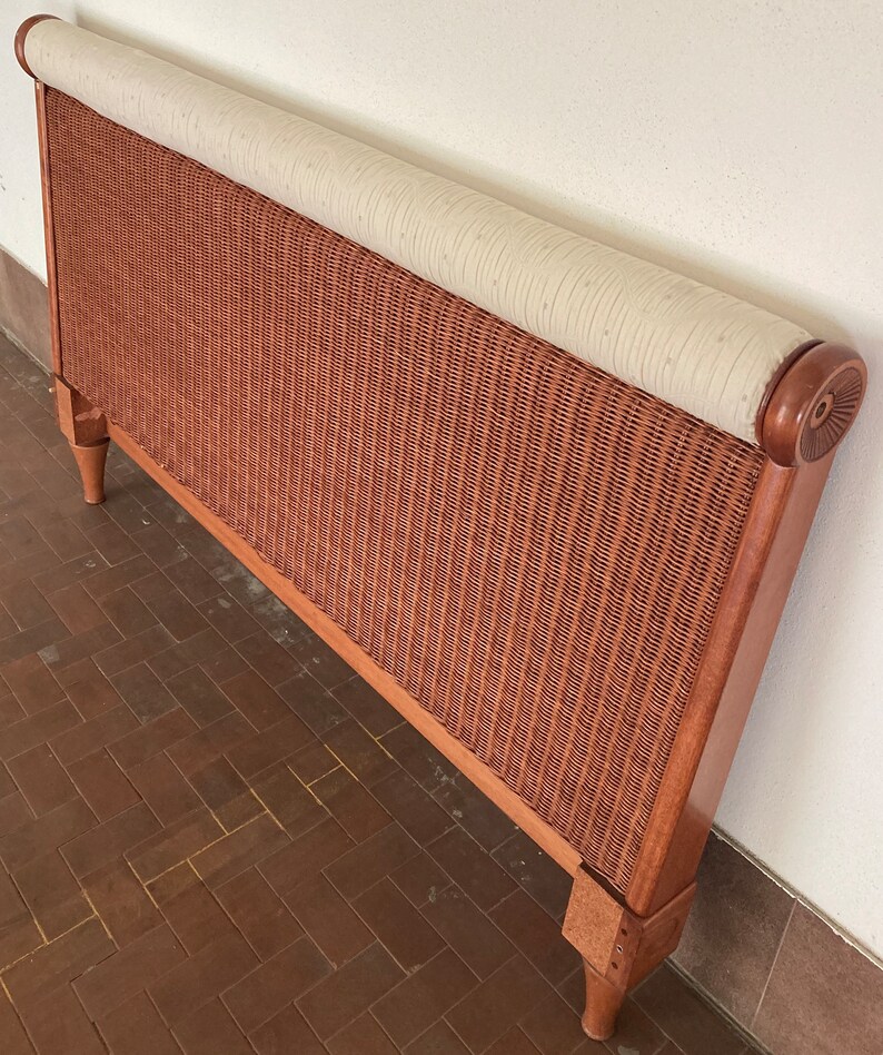 Double Bed Headboard in Cherry Wood and Wicker, With Removable Fabric ...