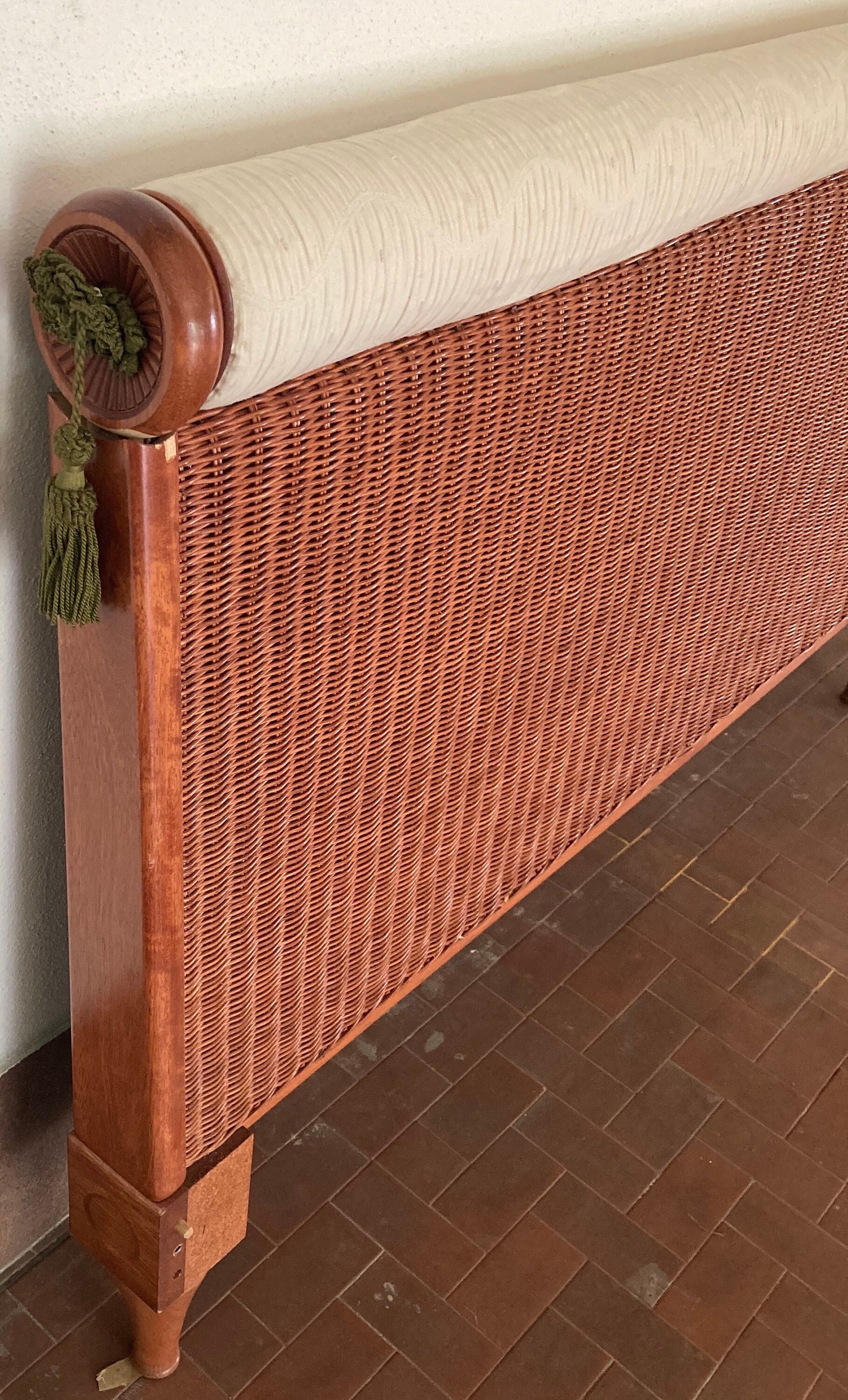 Double Bed Headboard in Cherry Wood and Wicker, With Removable Fabric ...