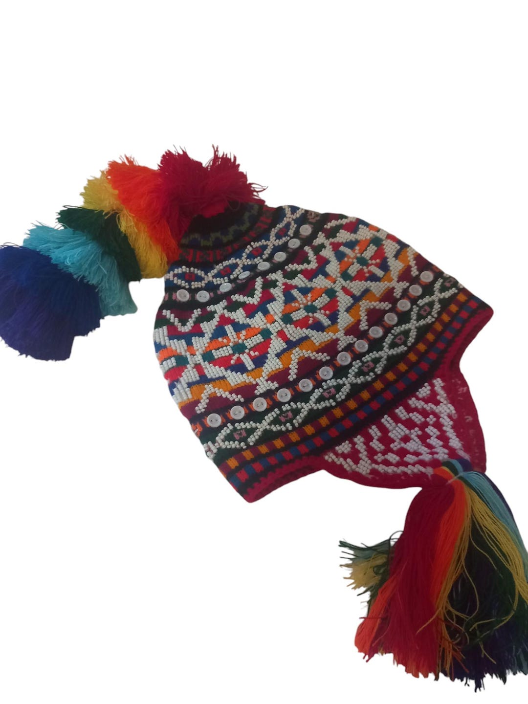 Peruvian Shaman Hat, Peru Winter Hat Colorful Pom Poms Tassels Earflaps ...