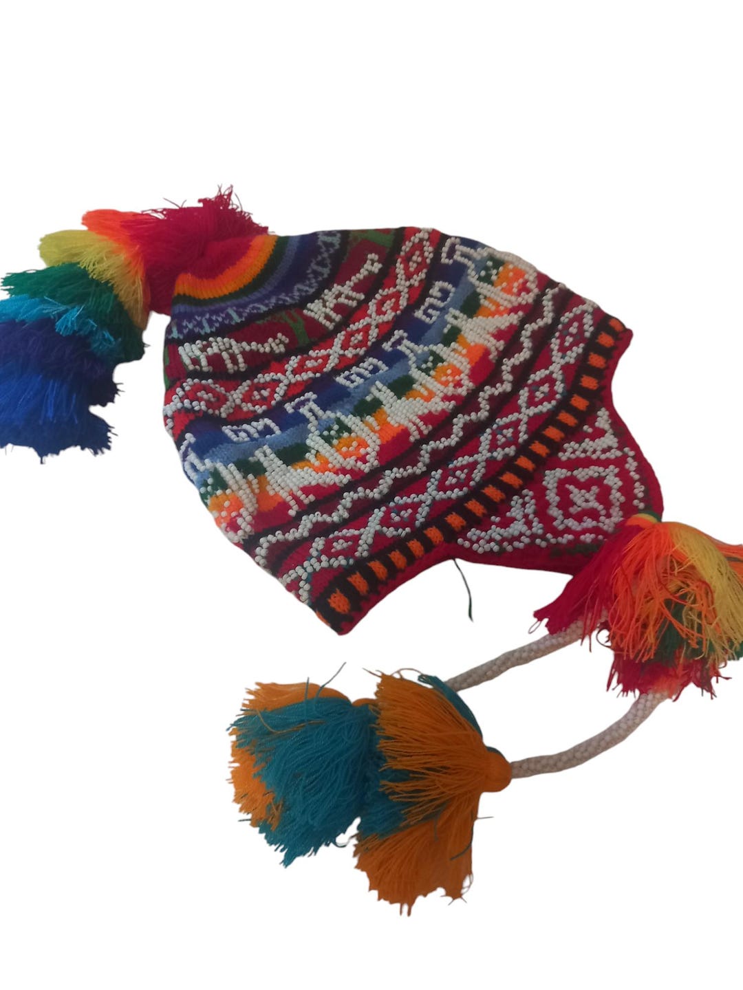 Peruvian Shaman Hat, Peru Winter Hat Colorful Pom Poms Tassels Earflaps ...