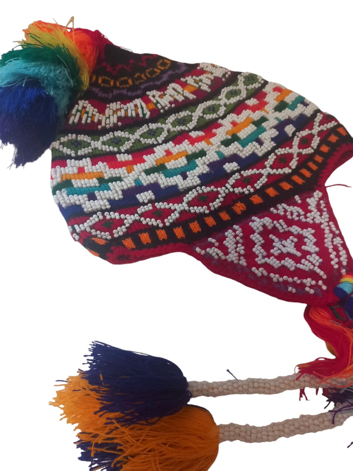 Peruvian Shaman Hat, Peru Winter Hat Colorful Pom Poms Tassels Earflaps ...