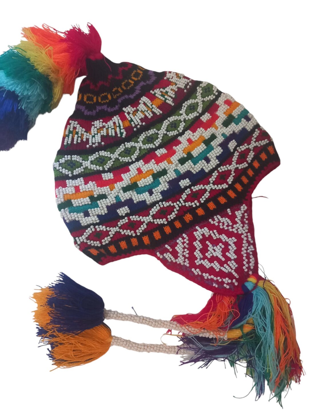 Peruvian Shaman Hat, Peru Winter Hat Colorful Pom Poms Tassels Earflaps ...