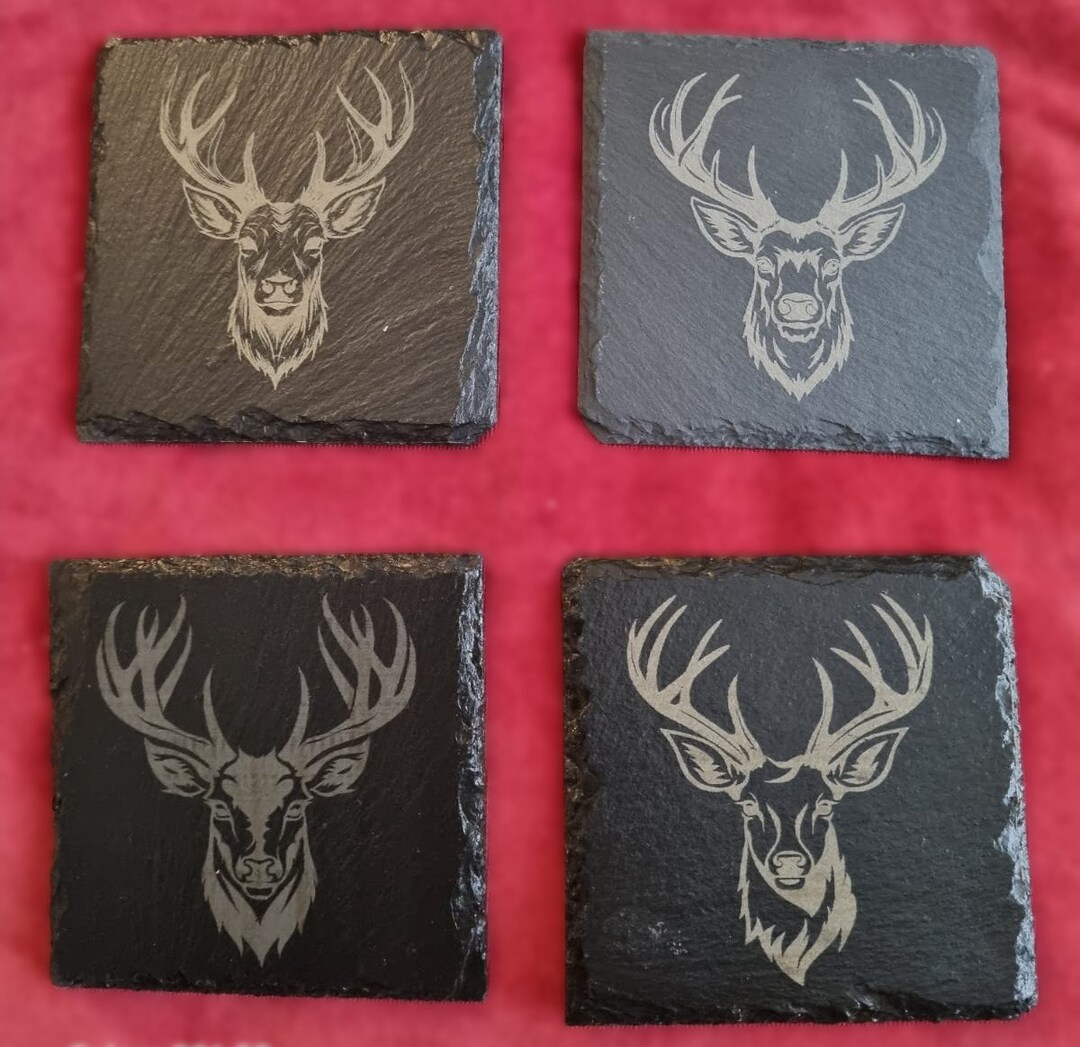 Stag Head Slate Coaster Laser Engraved Square Set - Etsy