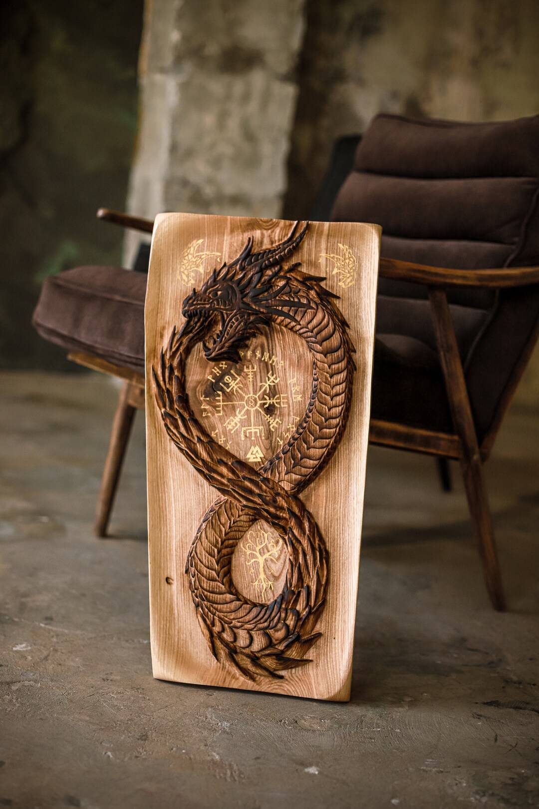 Handcrafted Wooden Ouroboros Wall Art - Carved 3D Painting With Golden ...