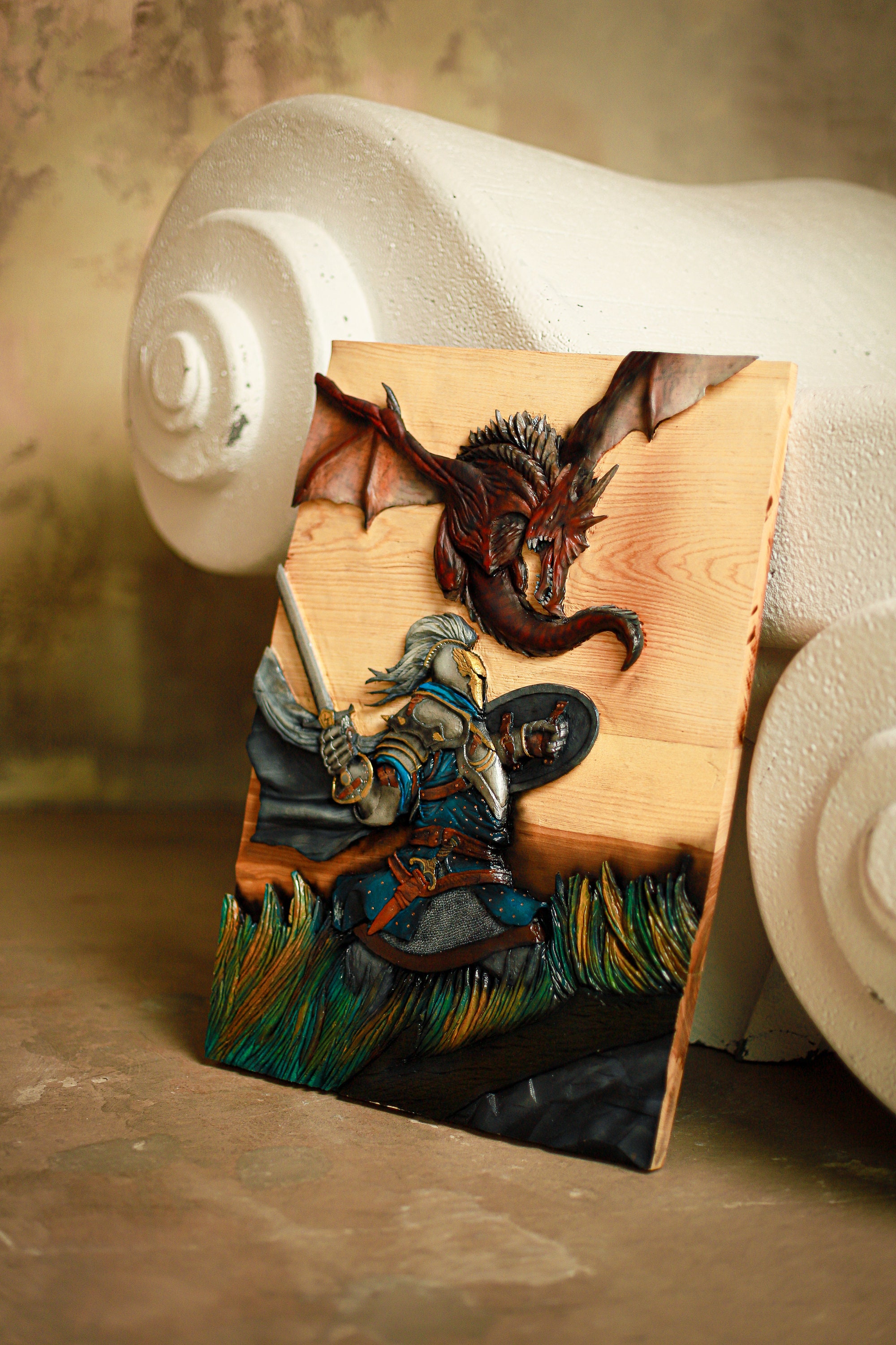 Handcrafted Wooden Knight Vs Dragon Wall Art Epic Battle Carved 3D ...