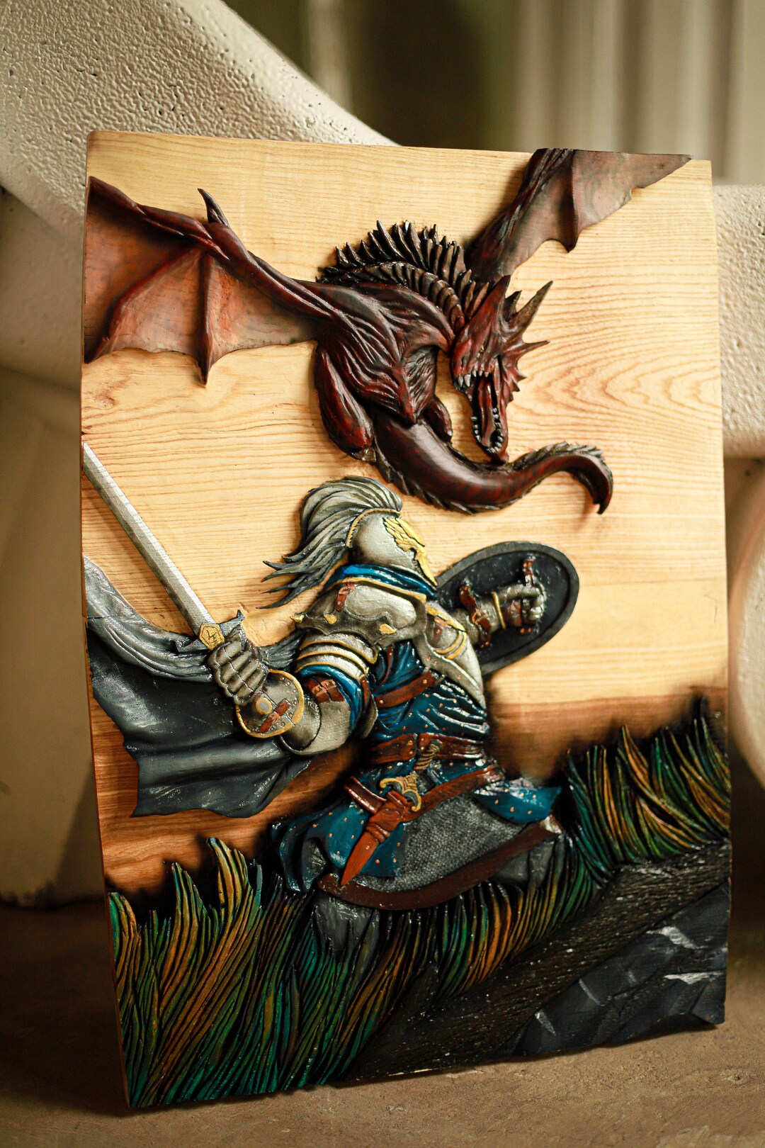 Handcrafted Wooden Knight Vs Dragon Wall Art Epic Battle Carved 3D ...