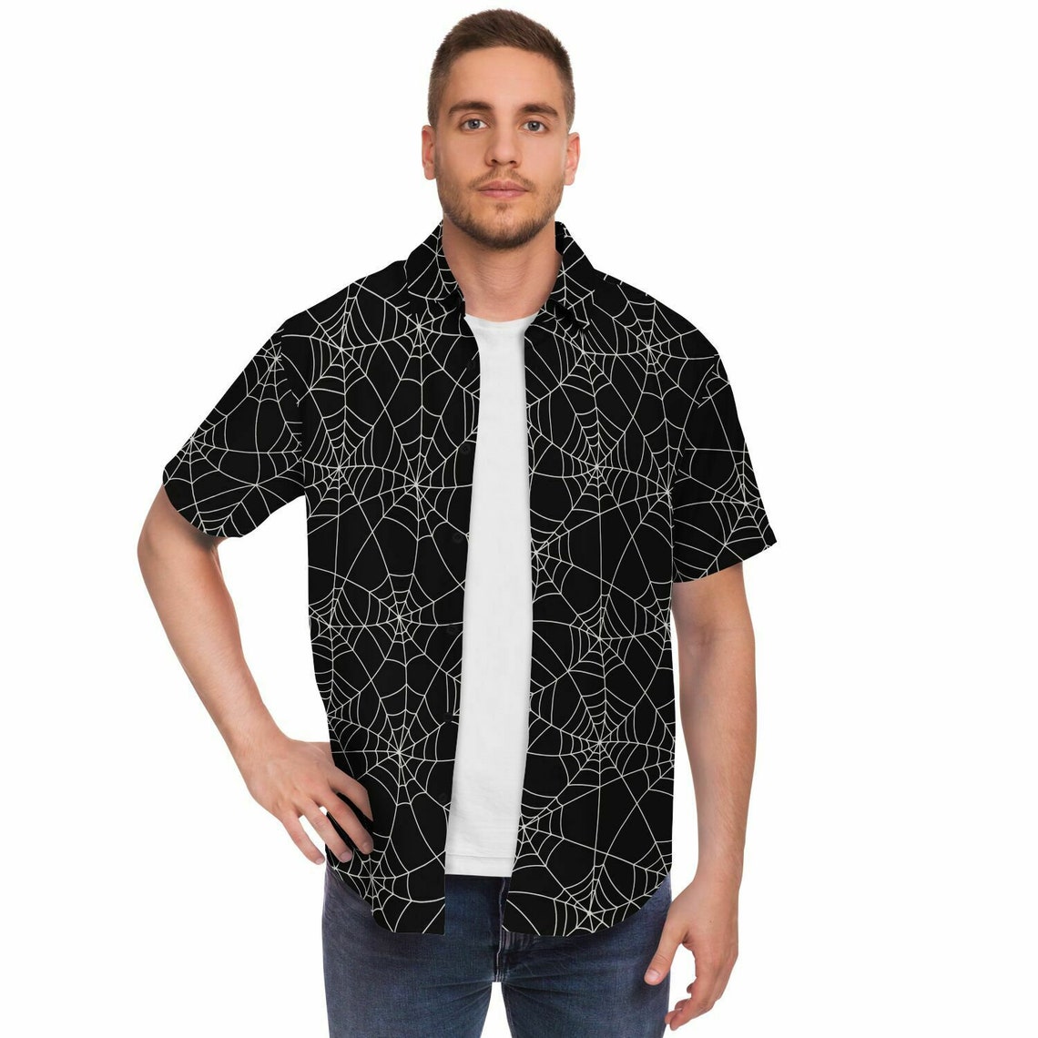 Gothic Spider Web Shirt, Dark Punk Style Button Up, Halloween Clothing ...