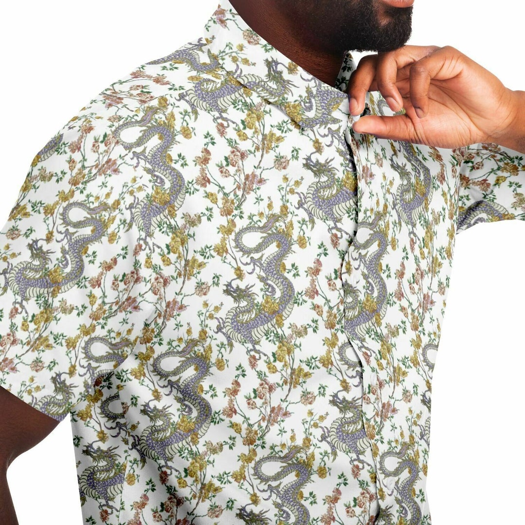 Japanese Dragon Button up Shirt, White Japanese Floral Print Shirt ...