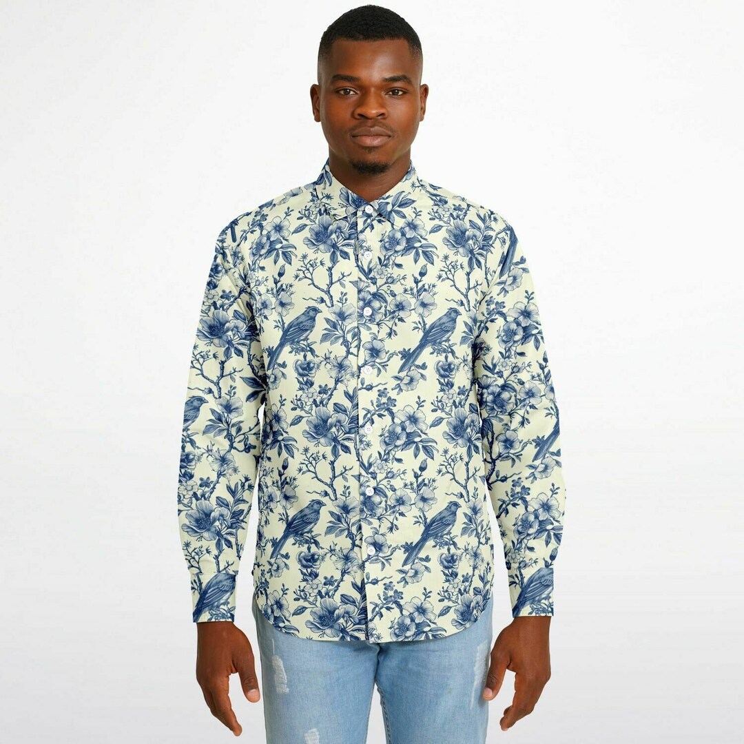 Vintage Inspired Toile De Jouy Long Sleeve Shirt With Bird and ...