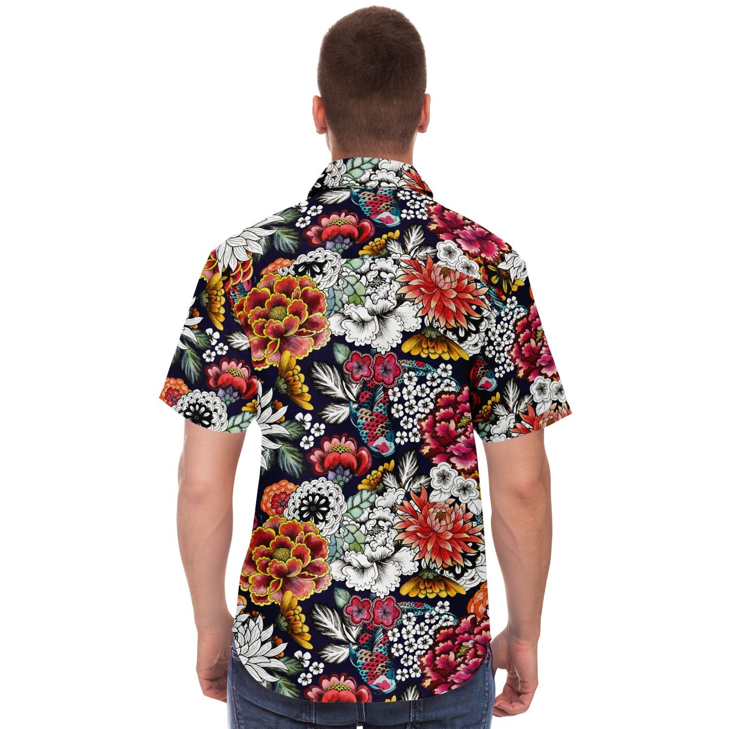 Japanese Floral & Koi Fish Shirt, Dark Botanical Print Tee, Vintage ...