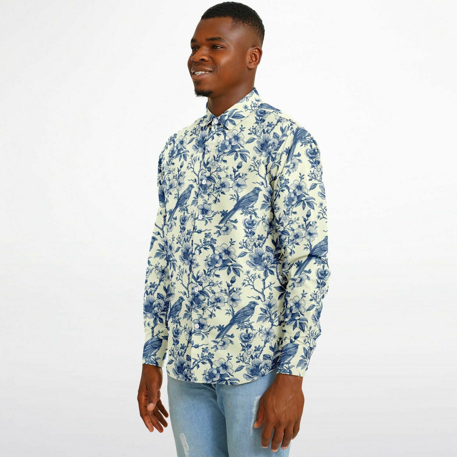 Vintage Inspired Toile De Jouy Long Sleeve Shirt With Bird and ...
