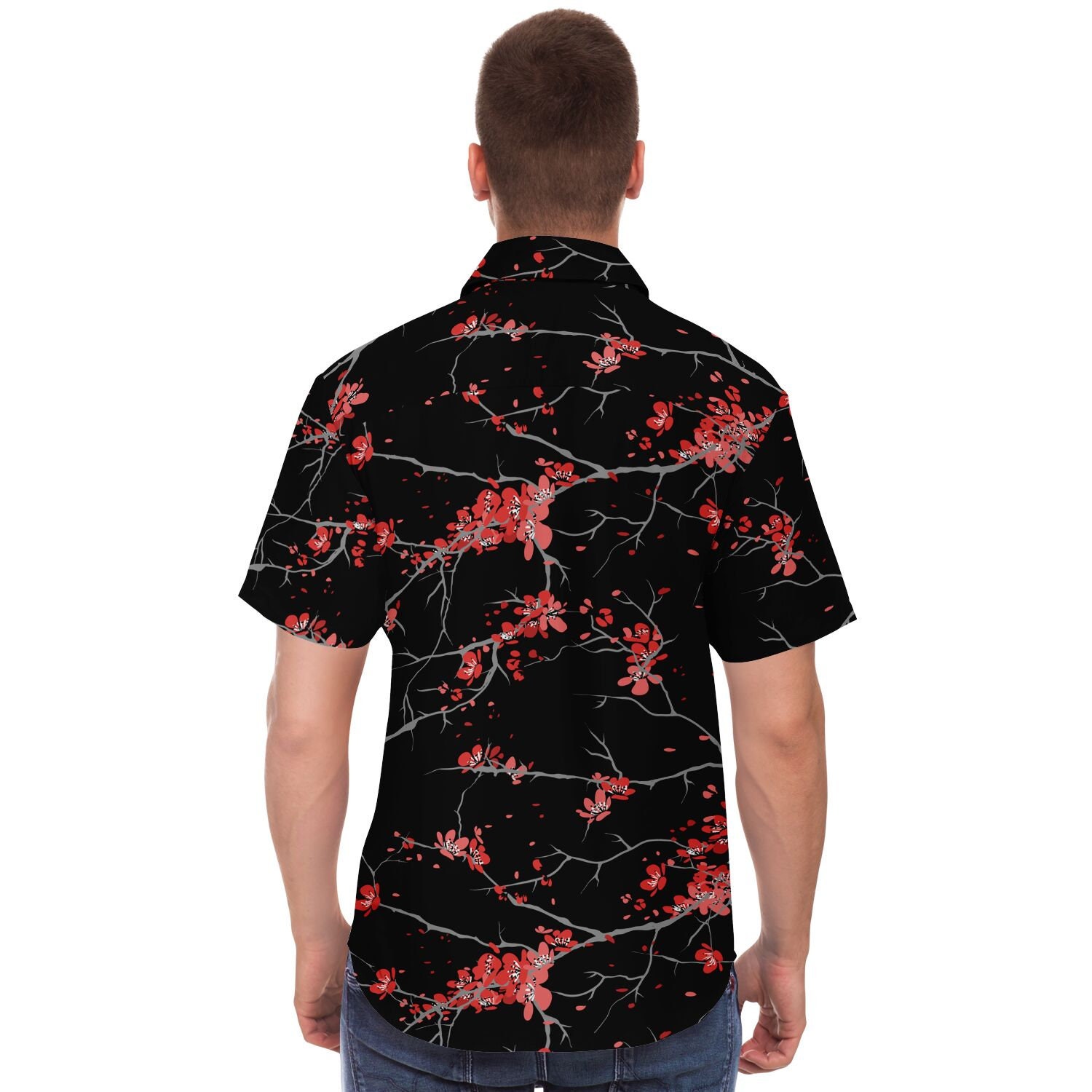 Japanese Cherry Blossom Shirt, Black Sakura Flower Print Button Up ...