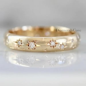 Vintage Starburst Wedding Band for Her, 14k Gold Diamond Band Gift, His - Her Wedding Ring ...