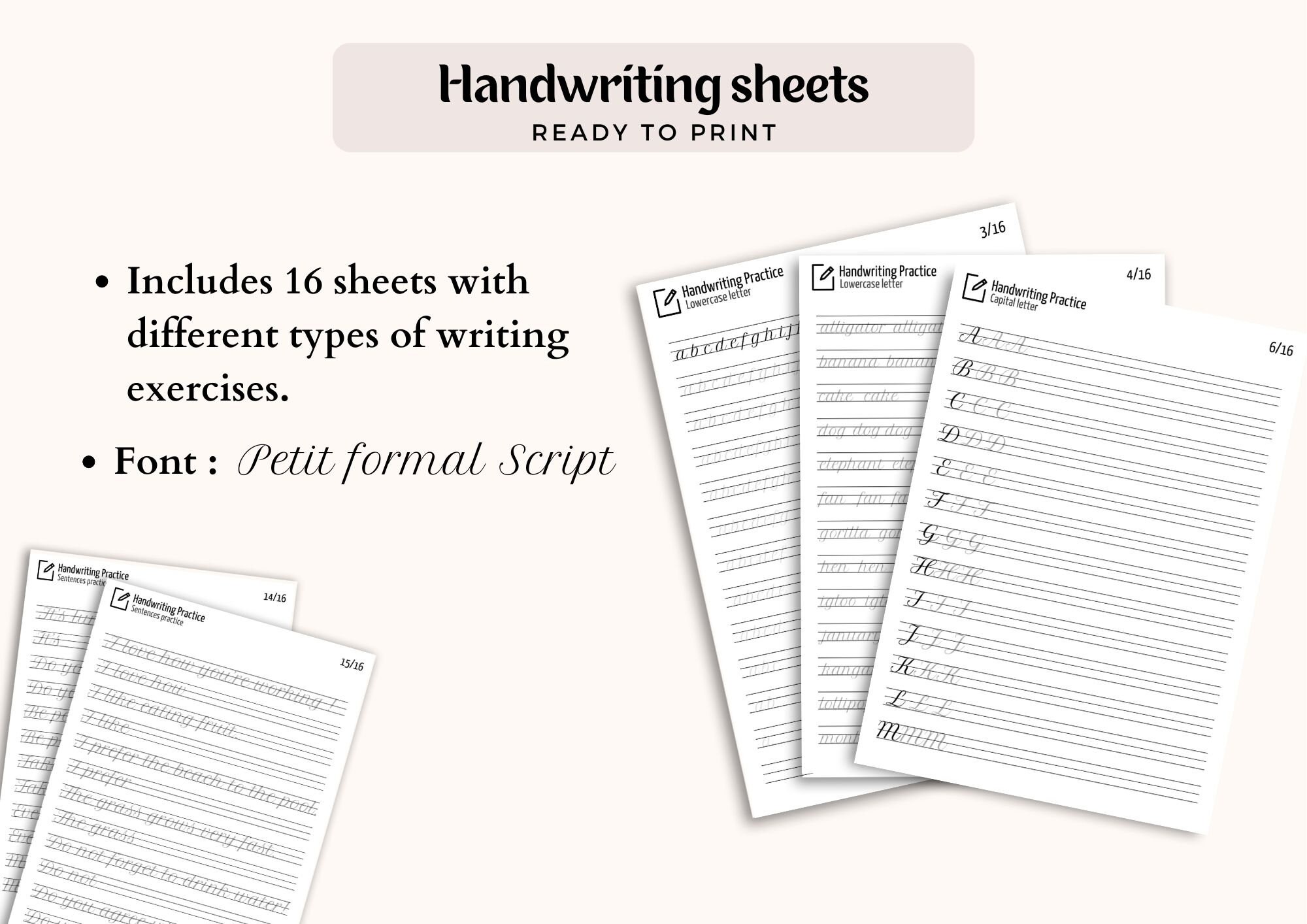 16 Cursive Handwriting Practice Sheets Printable, Alphabet Practice for ...