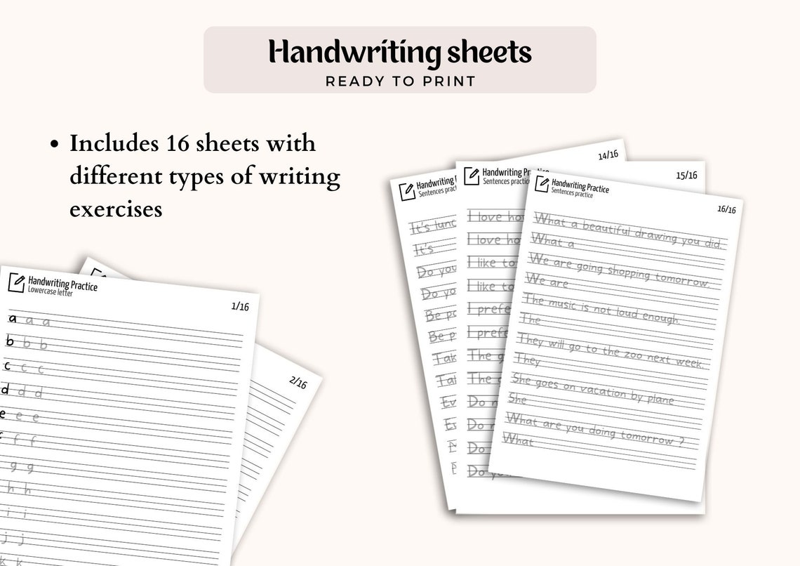 16 Handwriting Practice Sheets, Calligraphy Printable Handwriting ...