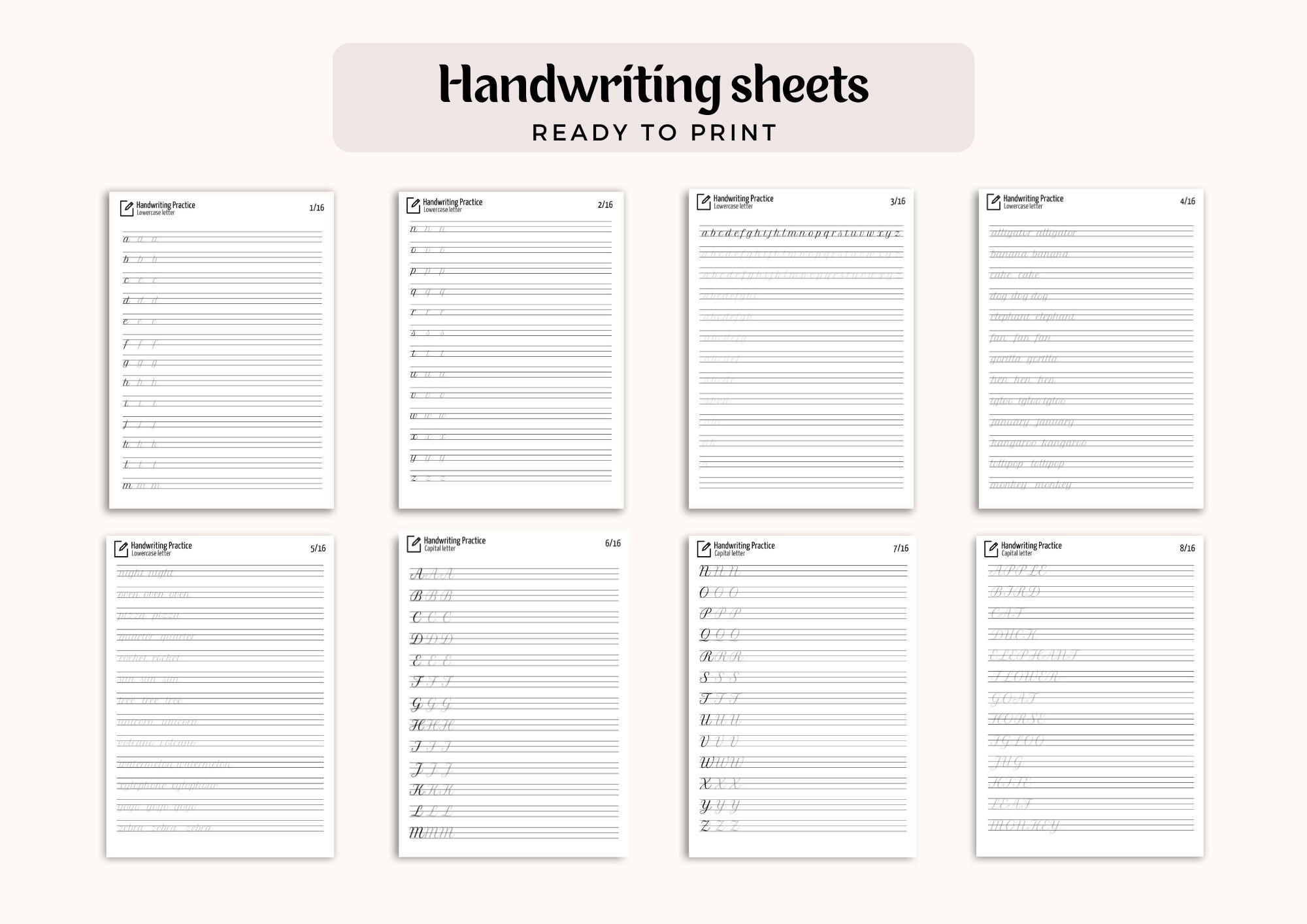 16 Cursive Handwriting Practice Sheets Printable, Alphabet Practice for ...