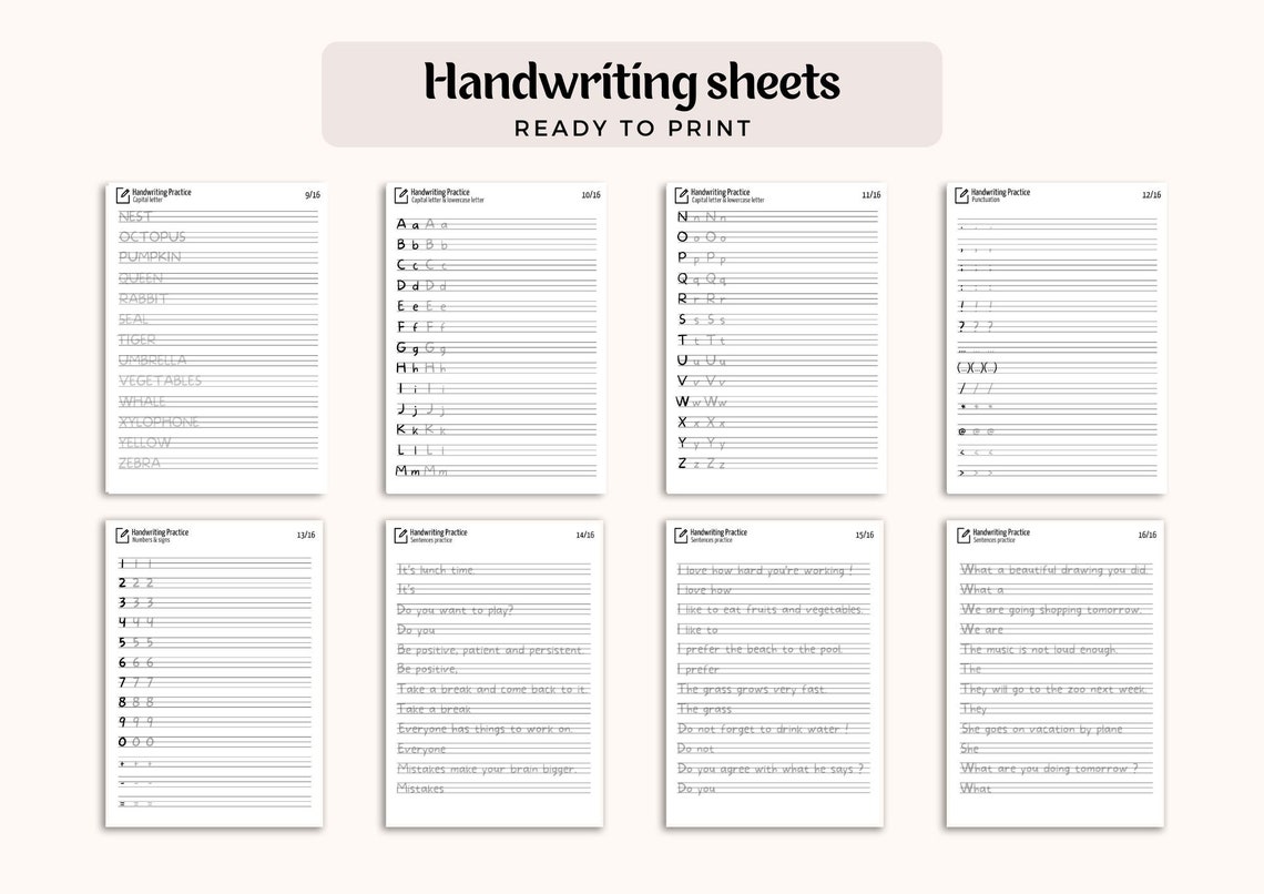 16 Handwriting Practice Sheets, Calligraphy Printable Handwriting ...