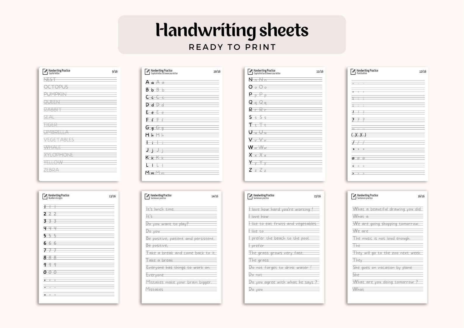 16 Handwriting Practice Sheets, Calligraphy Printable Handwriting ...