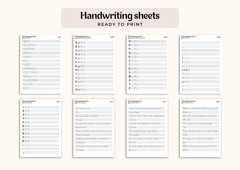 16 Handwriting Practice Sheets, Calligraphy Printable Handwriting ...