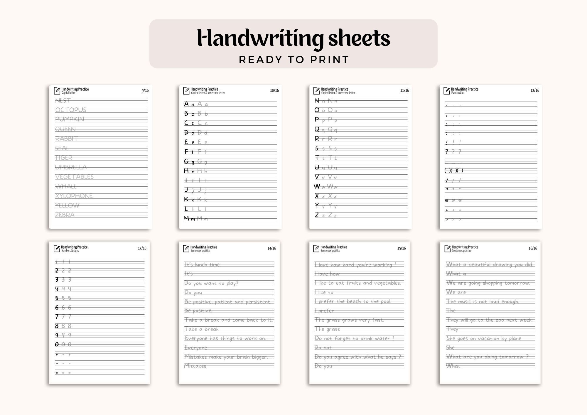 16 Handwriting Practice Sheets, Calligraphy Printable Handwriting ...