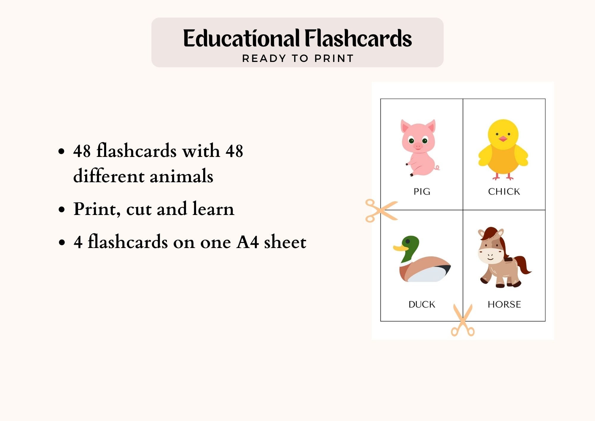 48 Educational Printable Animals Flash Cards Montessori, 48 Preschool ...