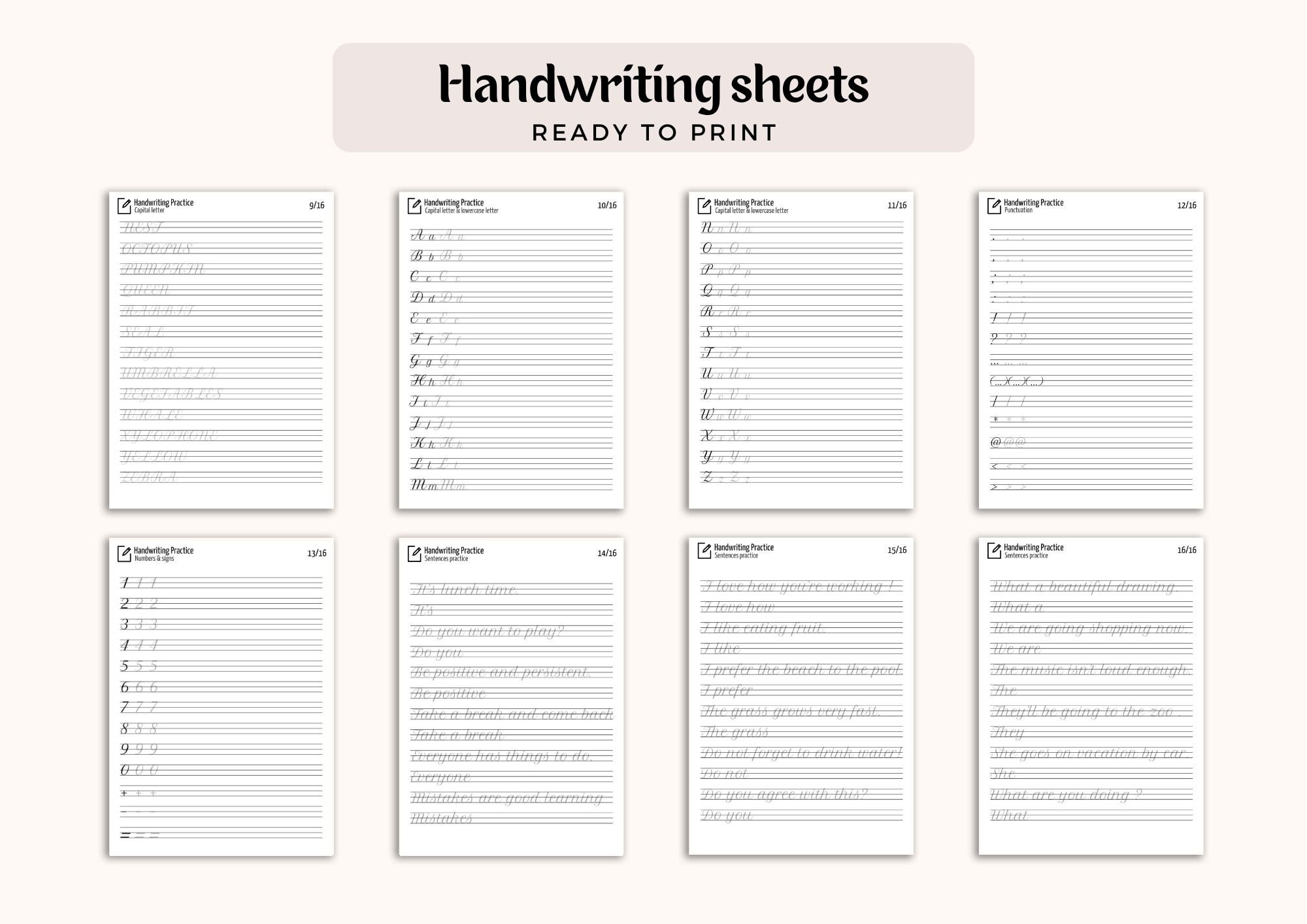 16 Cursive Handwriting Practice Sheets Printable, Alphabet Practice for ...