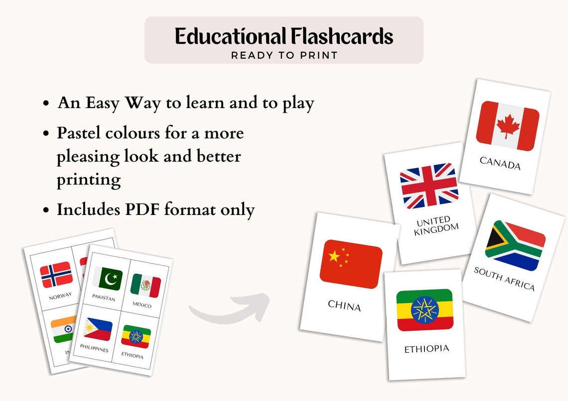 Set of 40 Educational Printable World Flags Flash Cards Countries ...