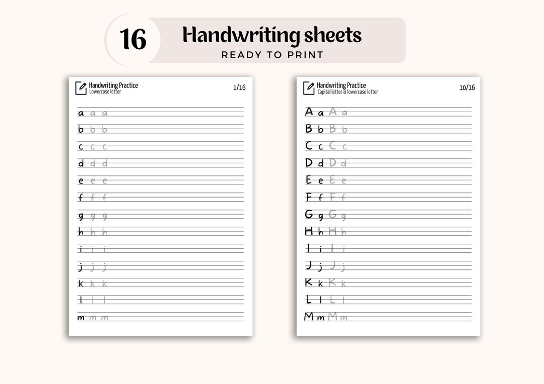 16 Handwriting Practice Sheets, Calligraphy Printable Handwriting ...