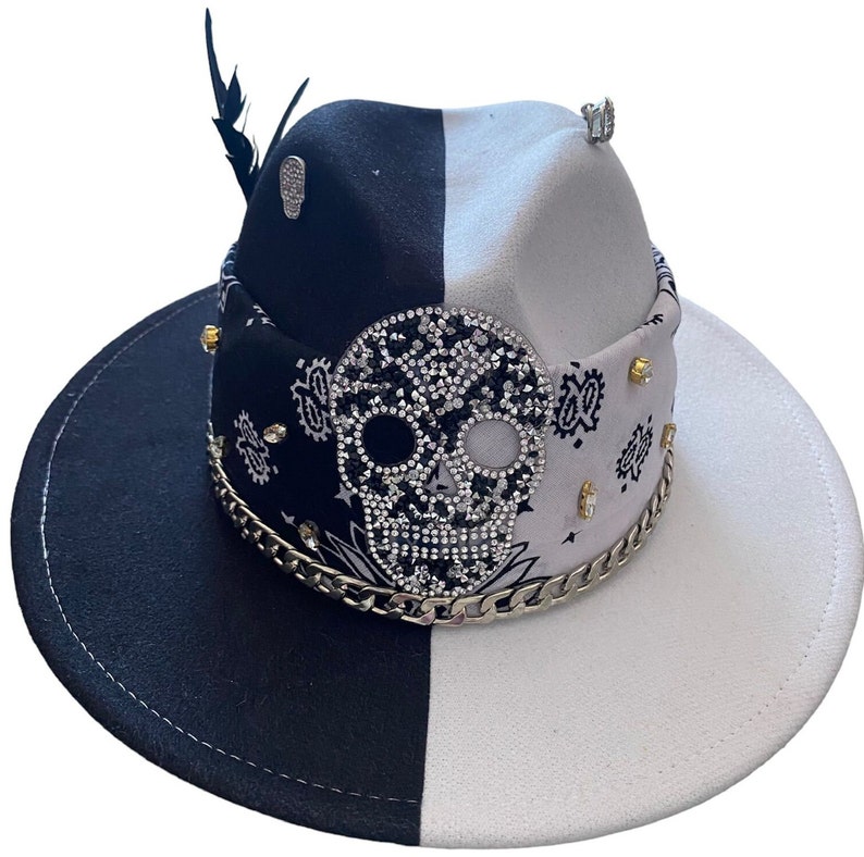 Two-tone Fedora Hat, Rhinestone Skull, Wide Brim - Etsy