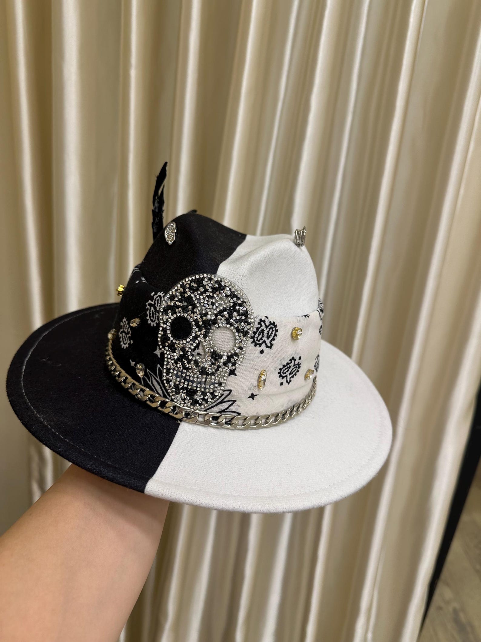 Two-tone Fedora Hat, Rhinestone Skull, Wide Brim - Etsy